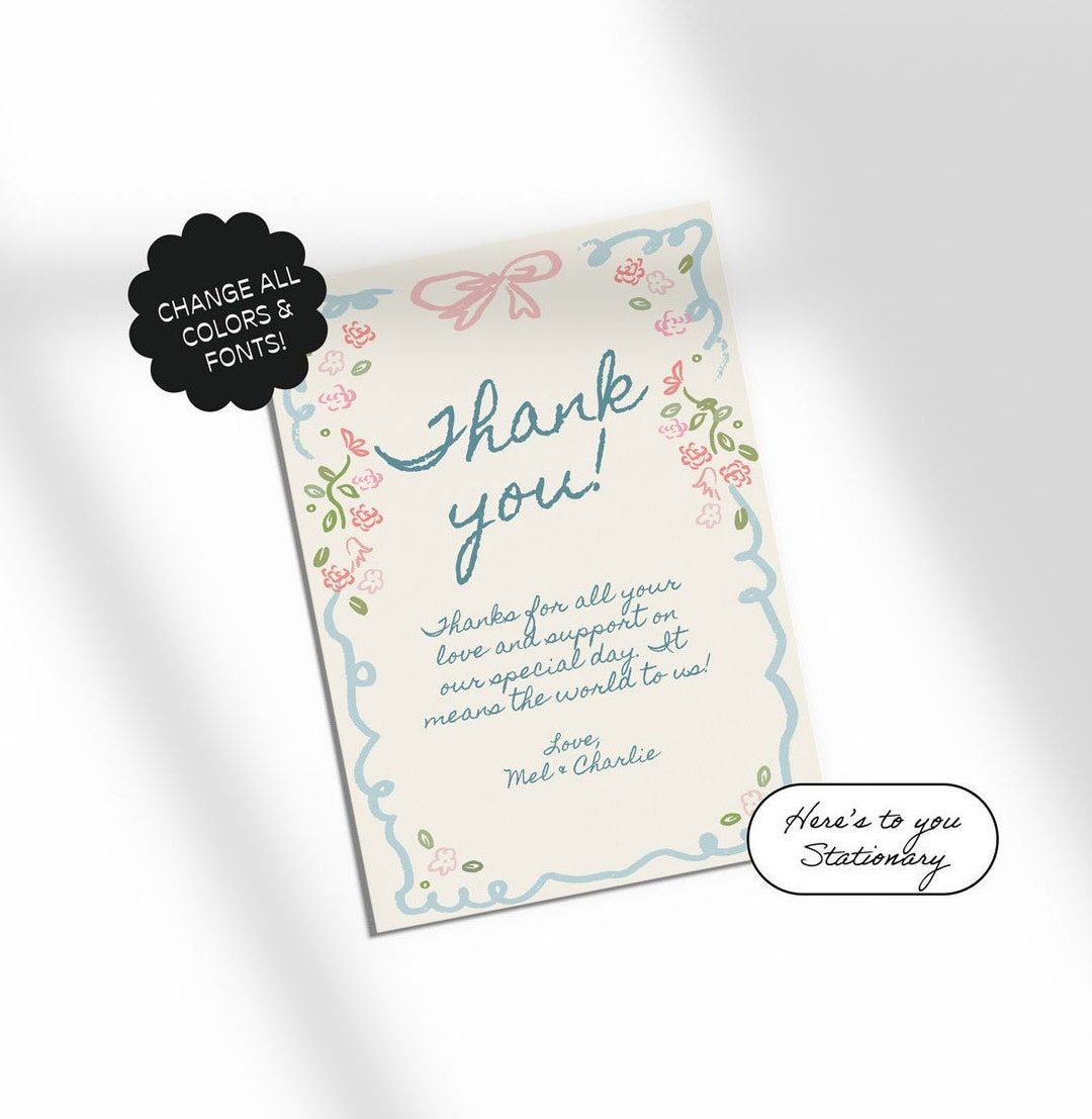 Thank You Card Template, Floral Hand Drawn, Ribbon, Handwritten Fonts ...