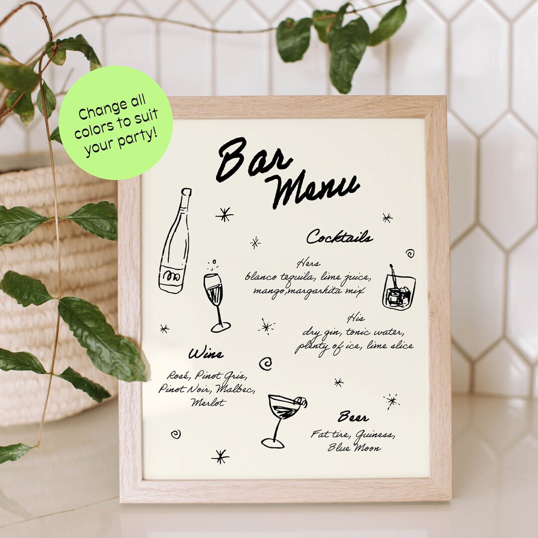 Whimsical Bar Menu Template, Hand Drawn, Signature Drinks Sign Template ...
