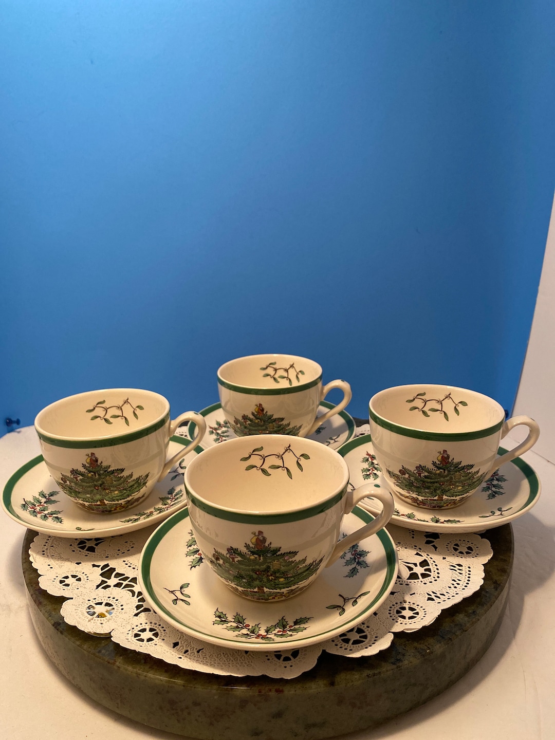 Spode Set of 4 Christmas Tree Cups and Saucers - Etsy