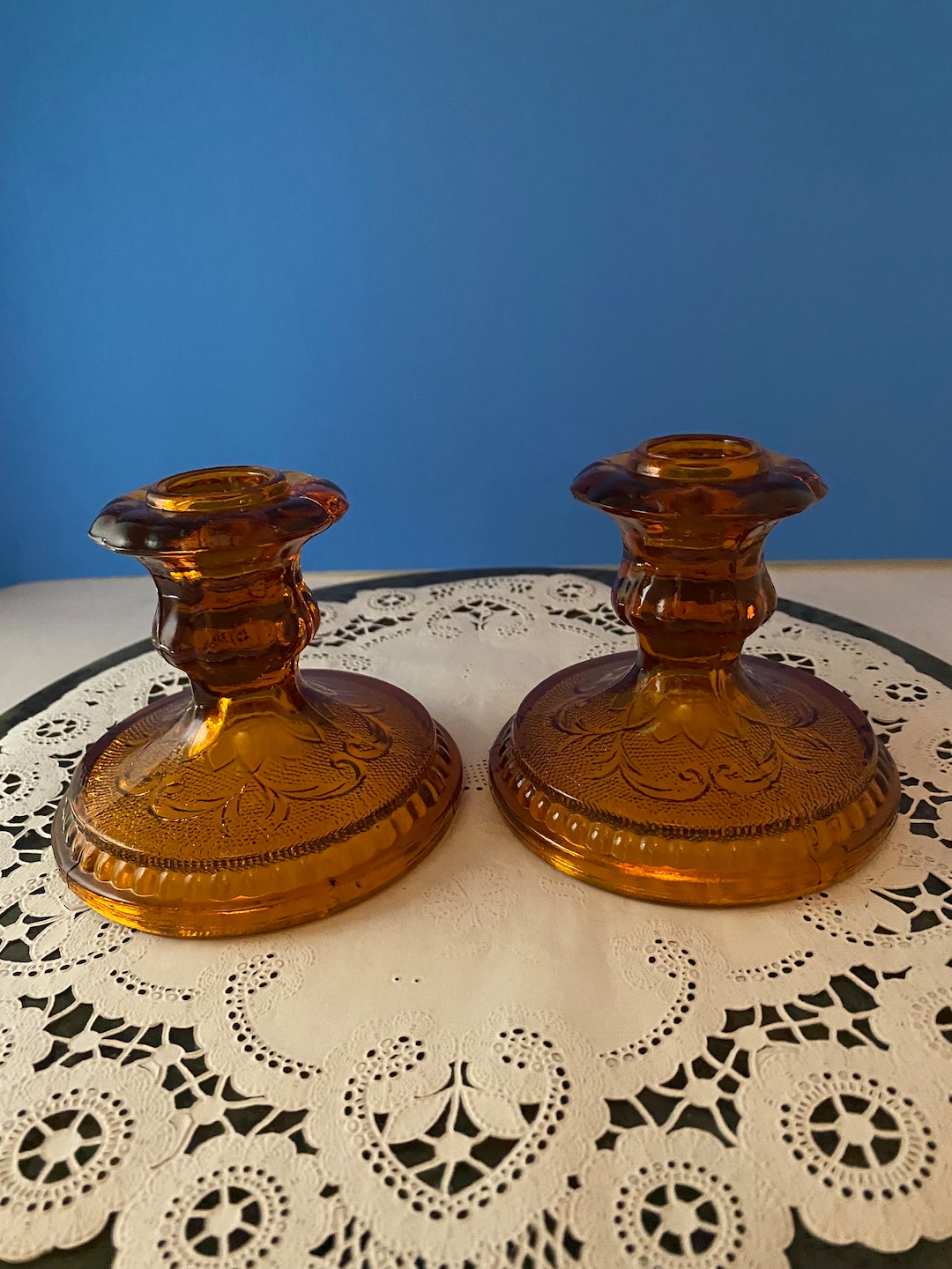 Vintage Pair of Tiara Amber Glass Candle Holders. 3 1/2” Tall . - Etsy