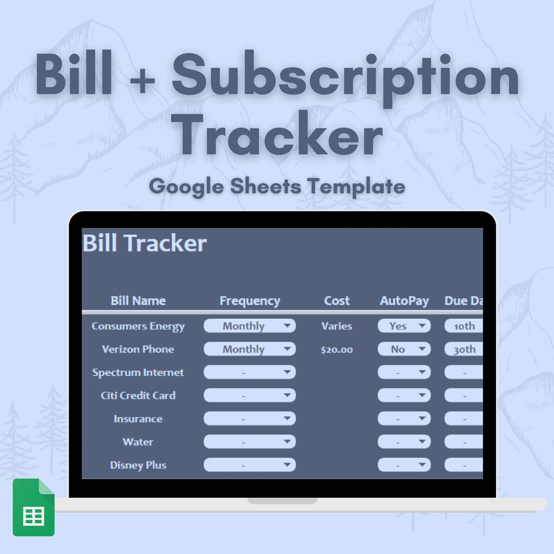 Bill Tracker | Subscription Tracker | Bill Planner | Google Sheets ...