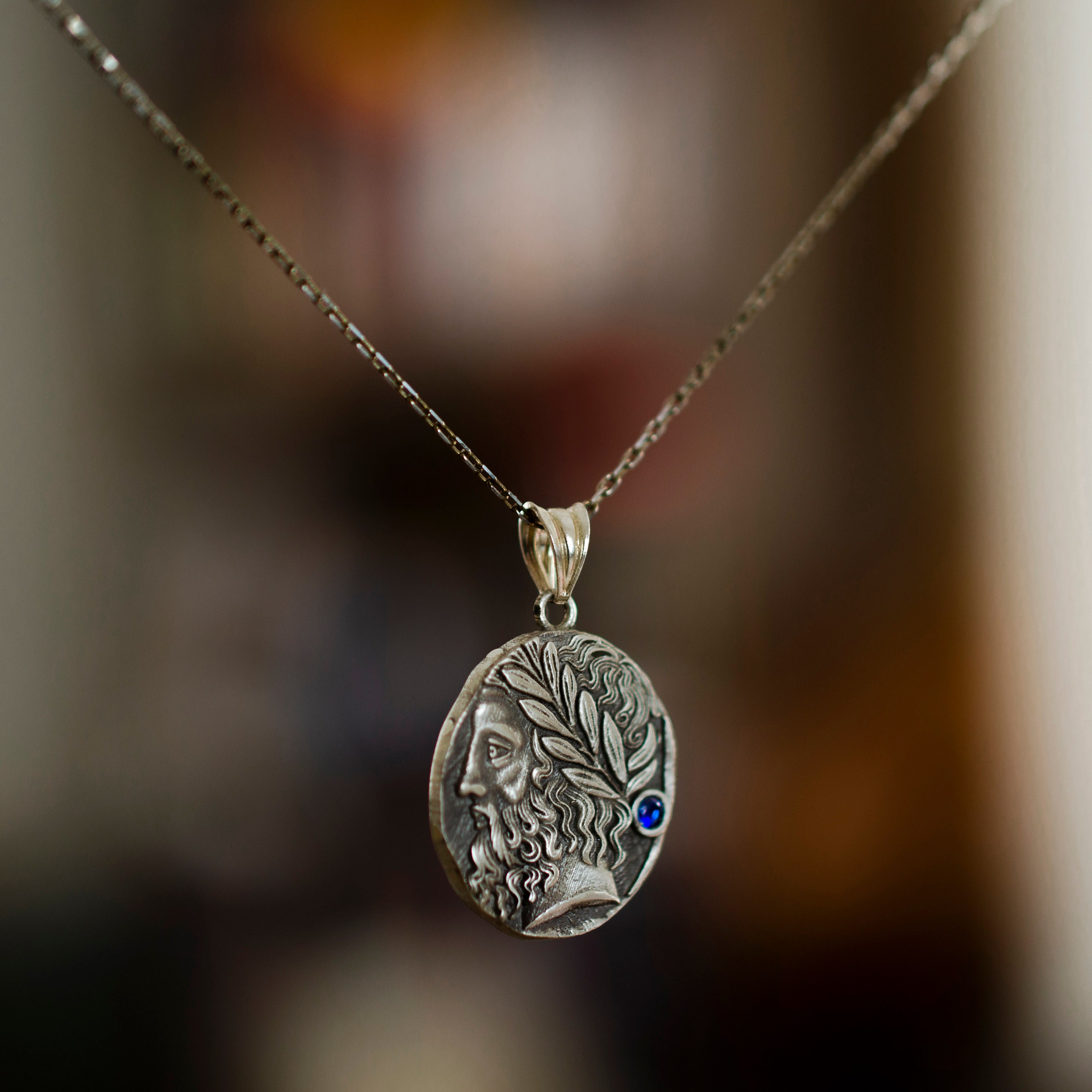 Reproduction Zeus Oxidized Silver Coin Pendant, Vintage Greek Mythology ...