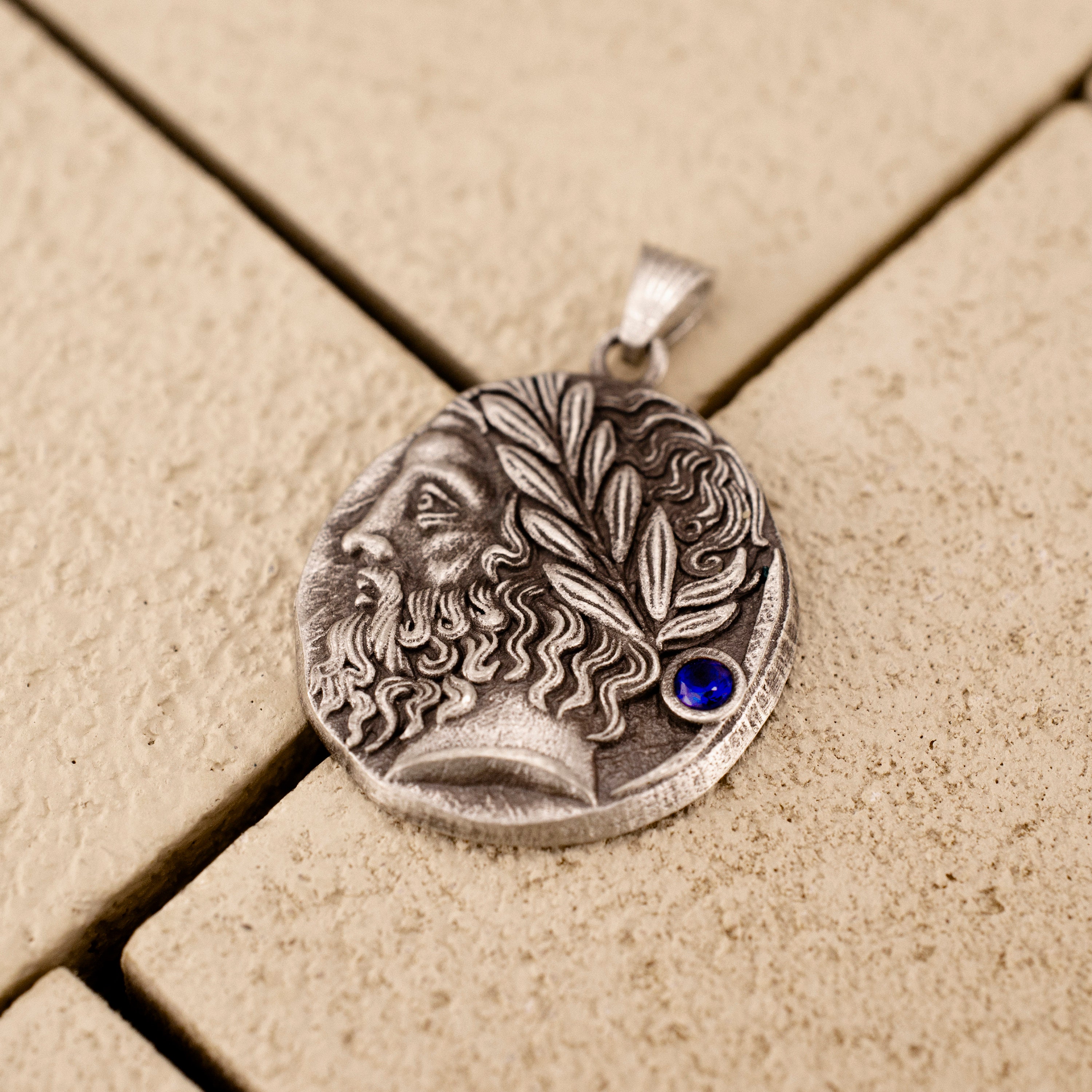 Reproduction Zeus Oxidized Silver Coin Pendant, Vintage Greek Mythology ...