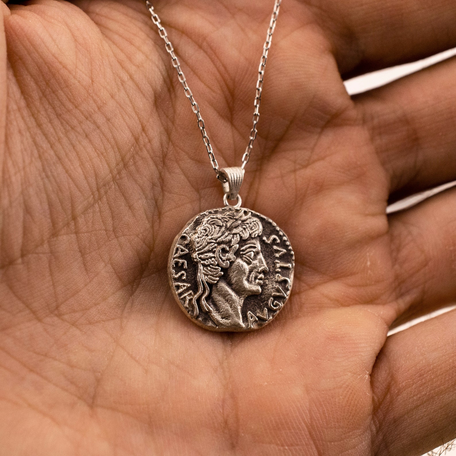 Bust of Augustus Caesar Oxidized Silver Reproduction Coin Pendant ...