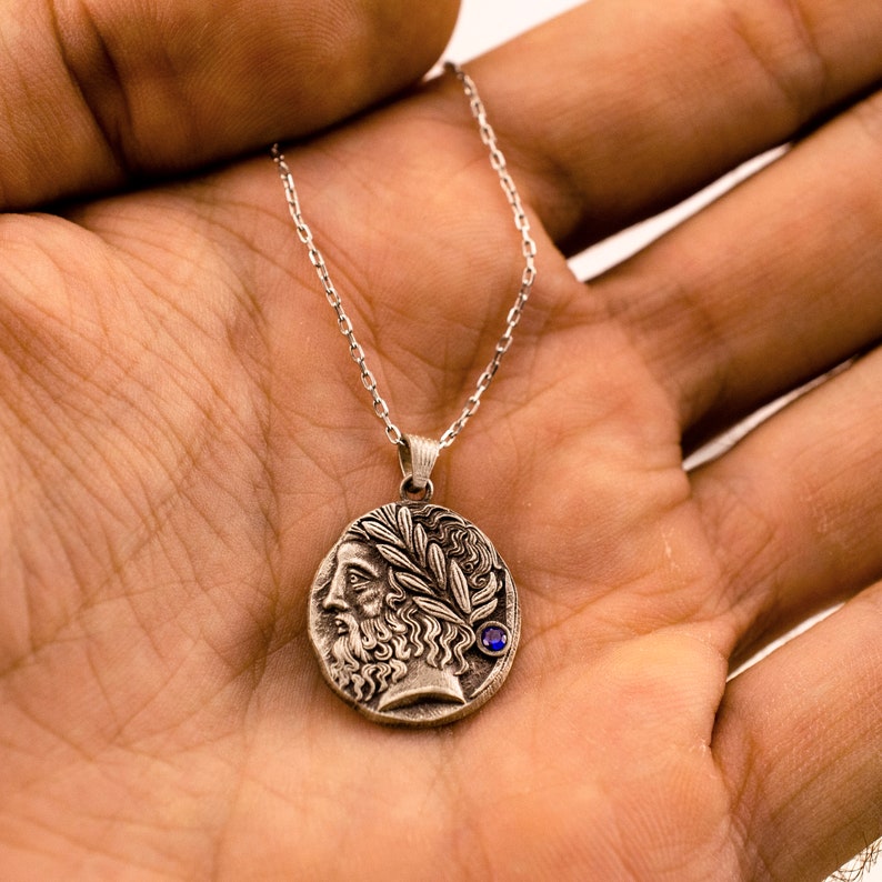 Reproduction Zeus Oxidized Silver Coin Pendant, Vintage Greek Mythology ...