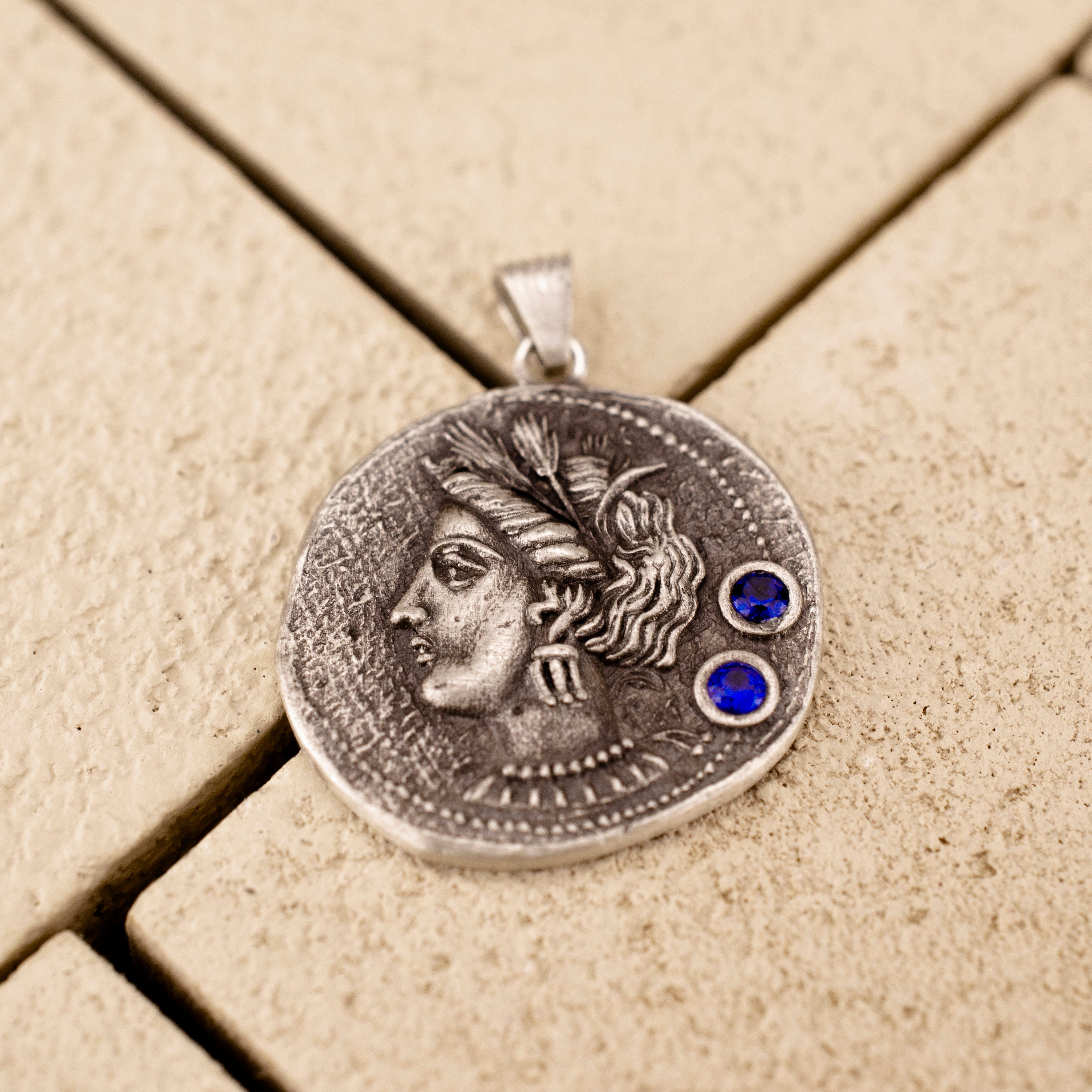 Bust of Tanit Oxidized Silver Coin Pendant, Byzantine Style Ancient ...
