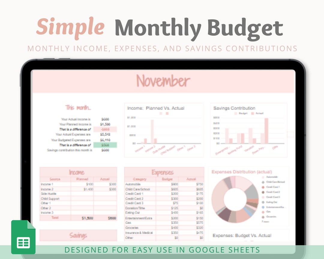 Simple Monthly Budget Spreadsheet Template for Google Sheets, Simple ...