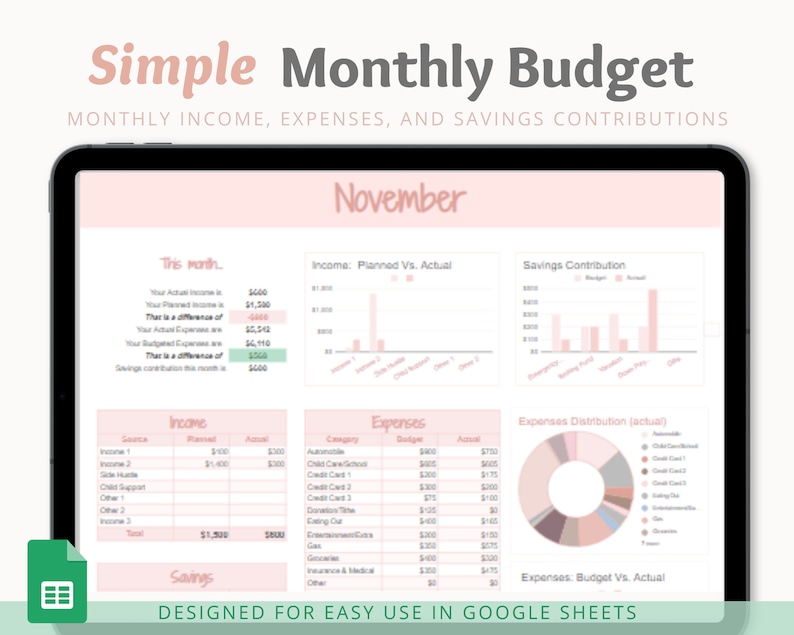 Simple Monthly Budget Spreadsheet Template for Google Sheets, Simple ...