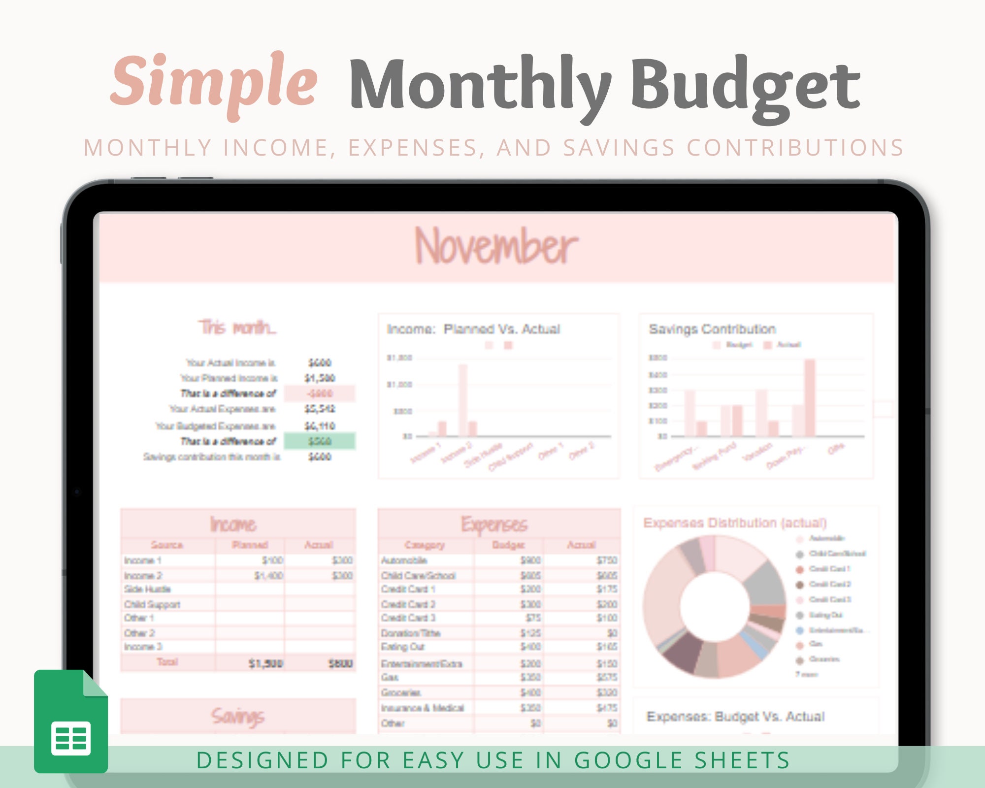 Simple Monthly Budget Spreadsheet Template for Google Sheets, Simple ...