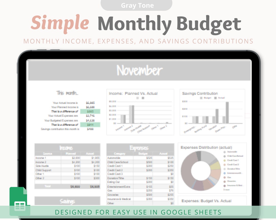 Simple Monthly Budget Spreadsheet Template for Google Sheets, Simple ...