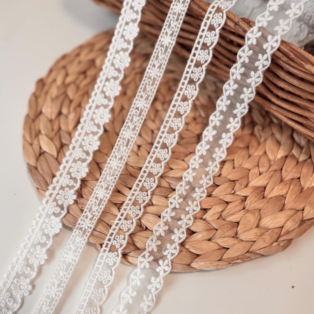 Narrow Cotton Lace Trim 1" 1/2" Wide, Off-white Embroidered Natural ...