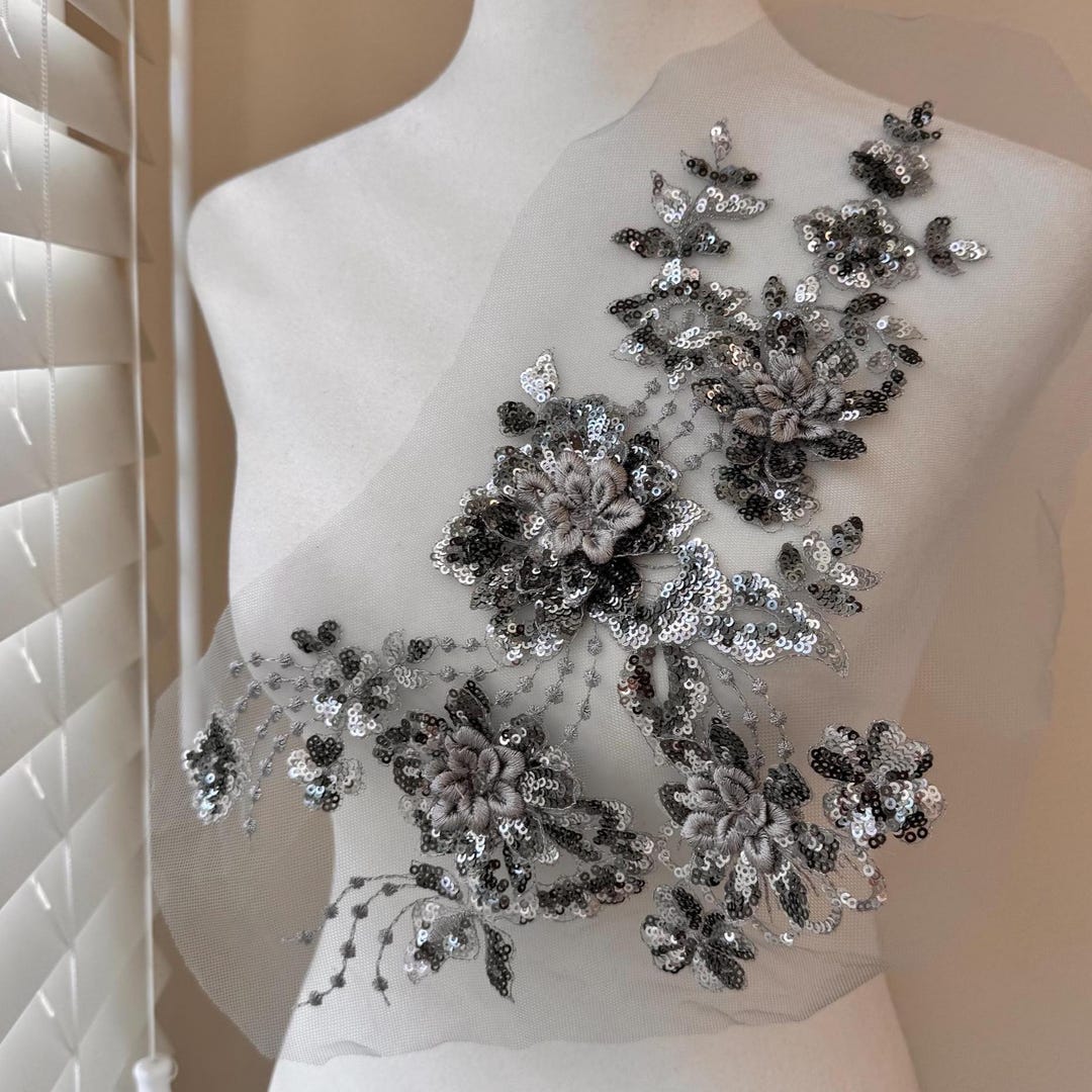 Silver Sequin Applique: Gray 3D Floral Patch, Couture Costume Detail ...