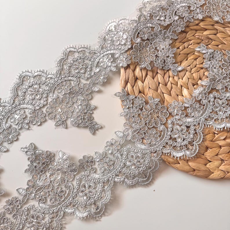 Silver Alencon Lace Trim With Sequins, Gray Floral Embroidered ...