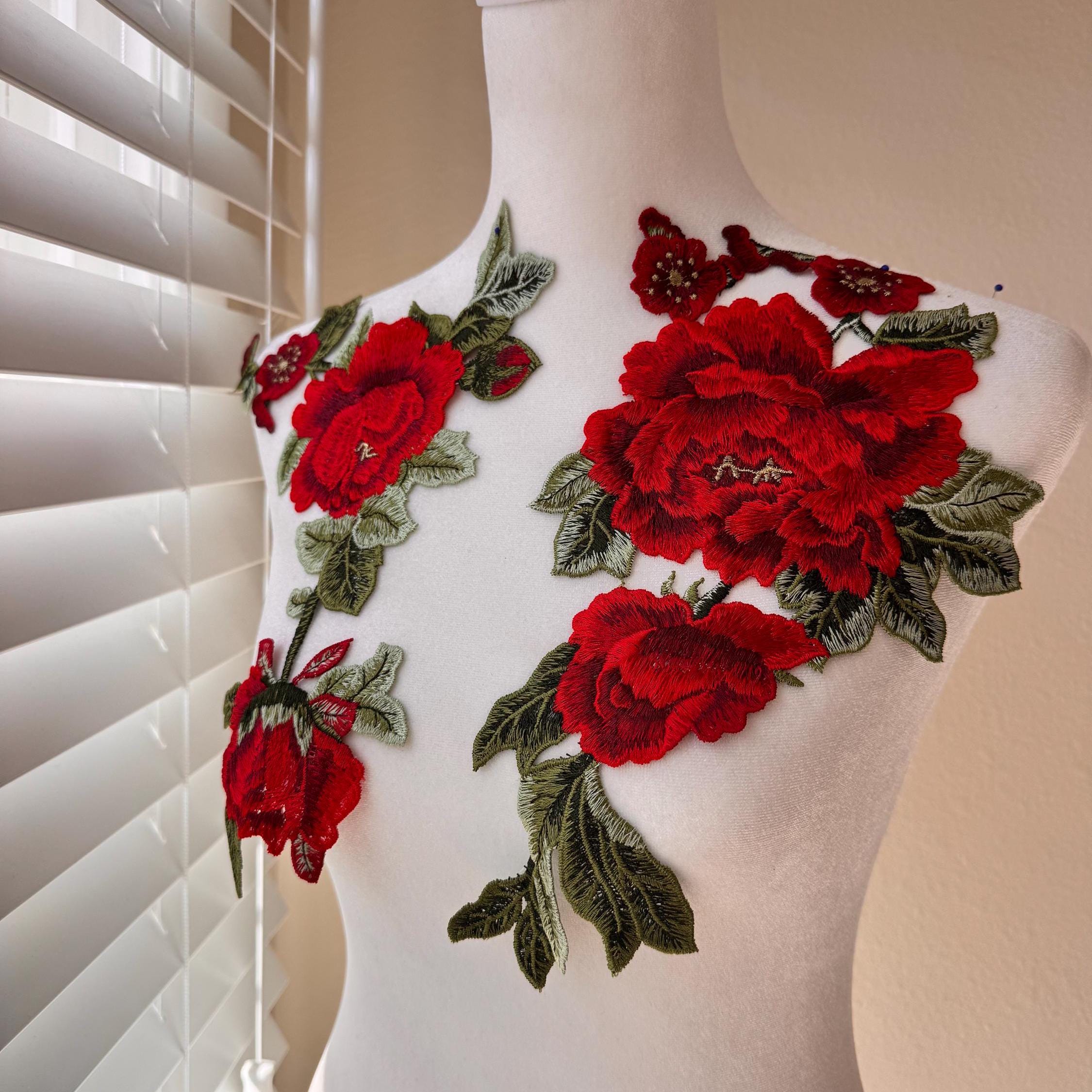 Red Rose Embroidered Applique Set: Couture Costume Patches - Etsy