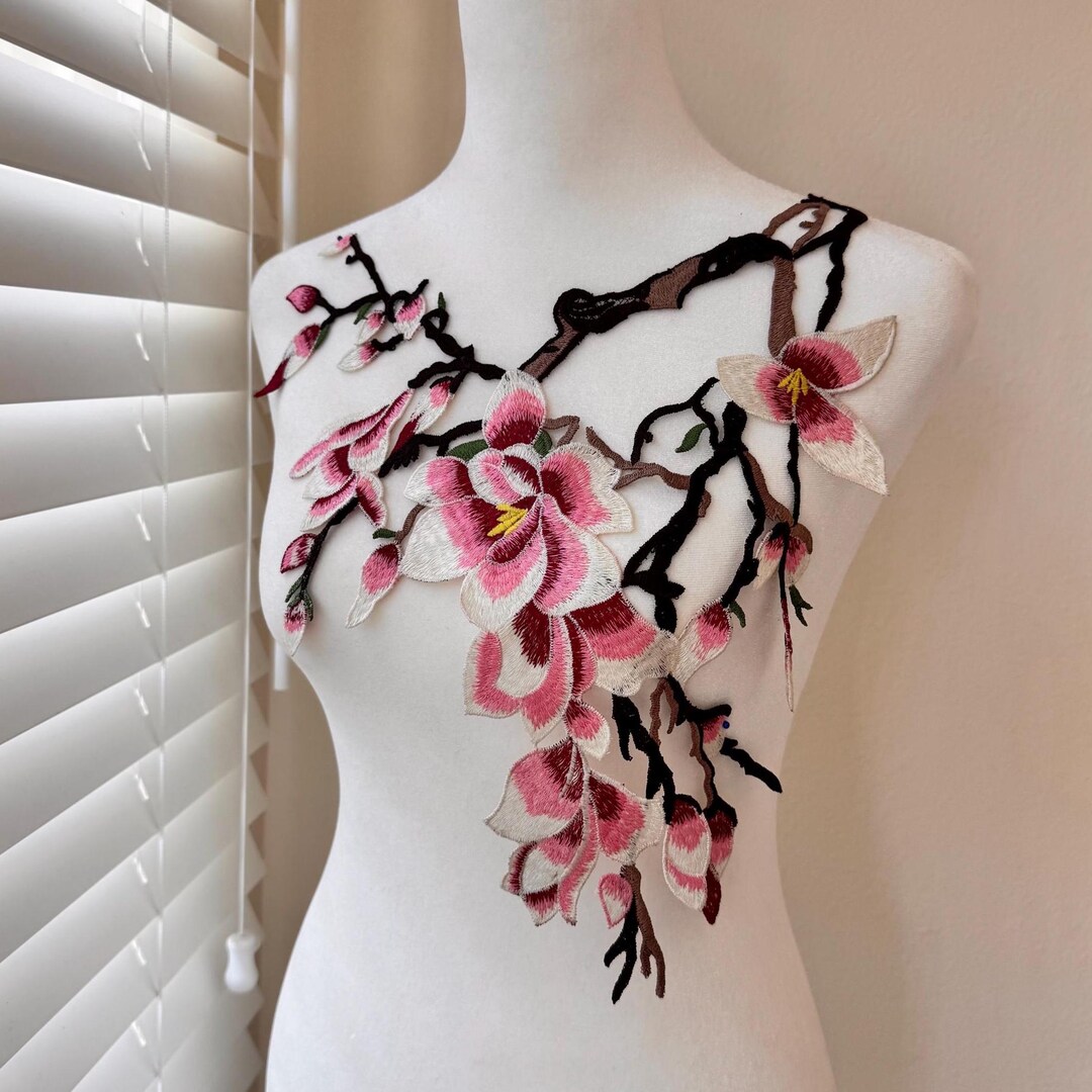 Large Sakura Applique Patch: Pink & White Embroidered Cherry Blossom ...