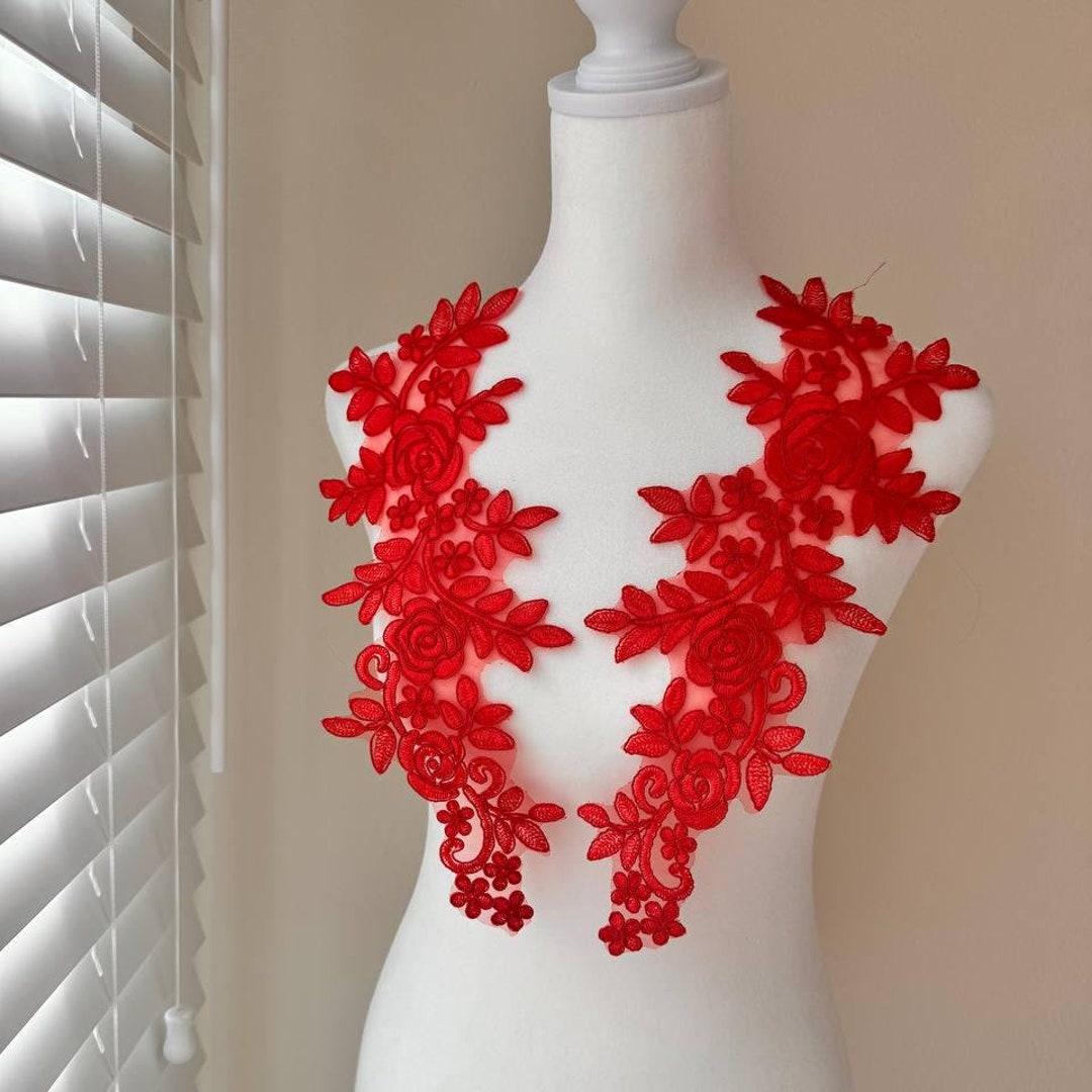 Red Lace Applique 2 Pieces for Dress Decoration (13" X 5") Lace Fabric ...
