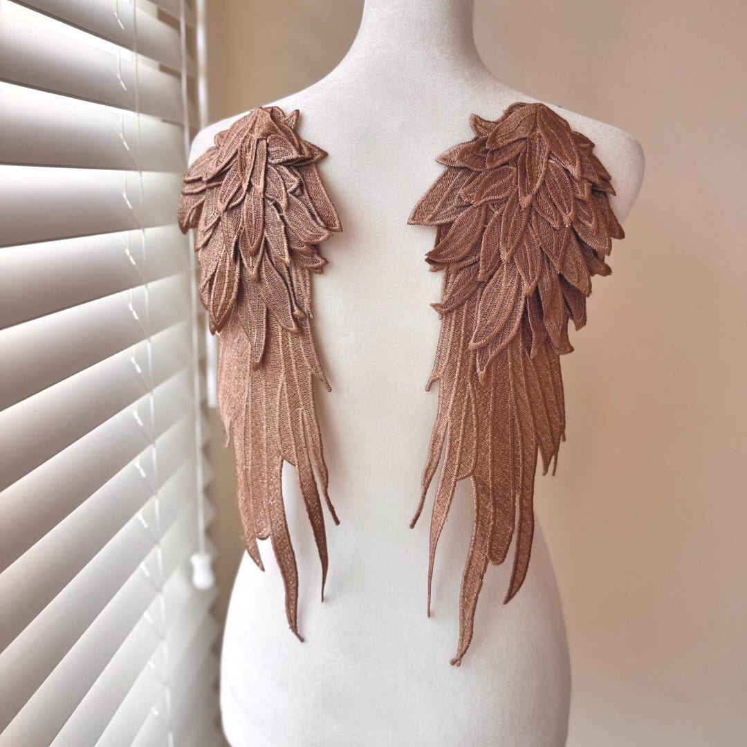 Beige Lace Wing Appliqué Pair: 3D Crochet Feather Costume Embellishment ...