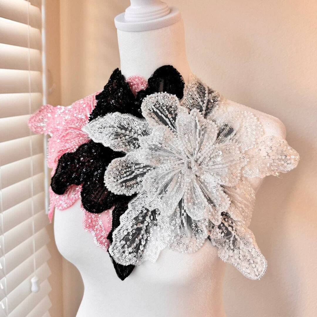 Big Flower Applique (11” X 12”) Pink, Black, White Sequine Applique ...