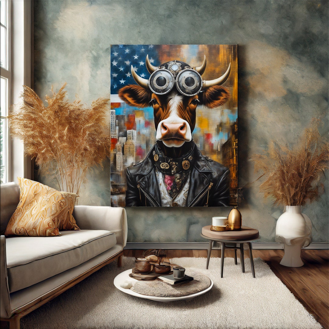 Modern Punk Style Canvas Art: Steampunk Punk Cow in Stylish Jacket ...