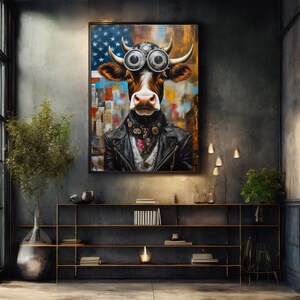 Modern Punk Style Canvas Art: Steampunk Punk Cow in Stylish Jacket ...
