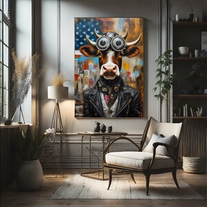 Modern Punk Style Canvas Art: Steampunk Punk Cow in Stylish Jacket ...