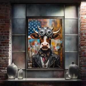 Modern Punk Style Canvas Art: Steampunk Punk Cow in Stylish Jacket ...