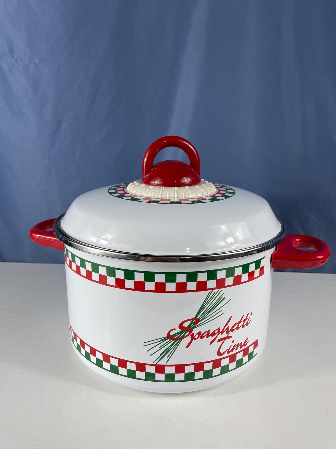 Vintage Spaghetti Time Enamel Cooking Pot Working Timer Red Green ...