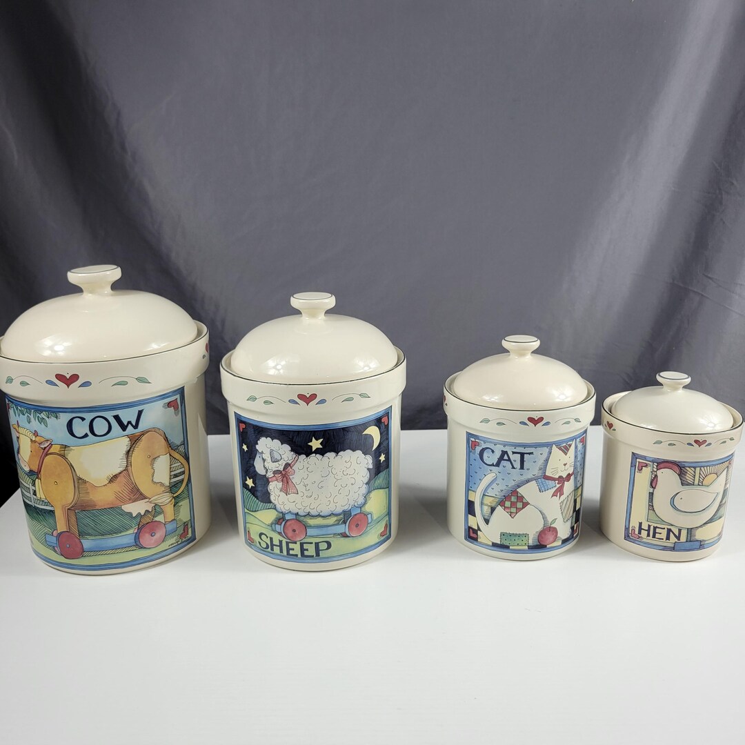 4pc Susan Winget Farm Animals Canisters W/ Lids, Cow Sheep Cat Hen - Etsy