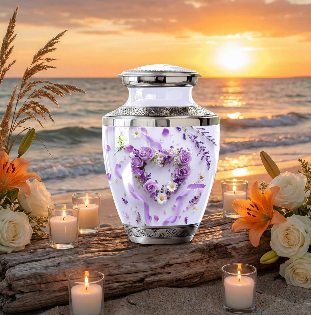 Purple Lavender Cremation Urn for Human Ashes Adult – Floral Heart ...