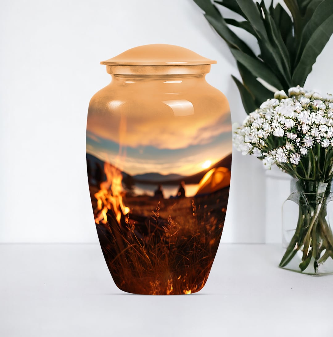 Personalized Camping Cremation Urn With Artistic Sunset and Fire Design ...