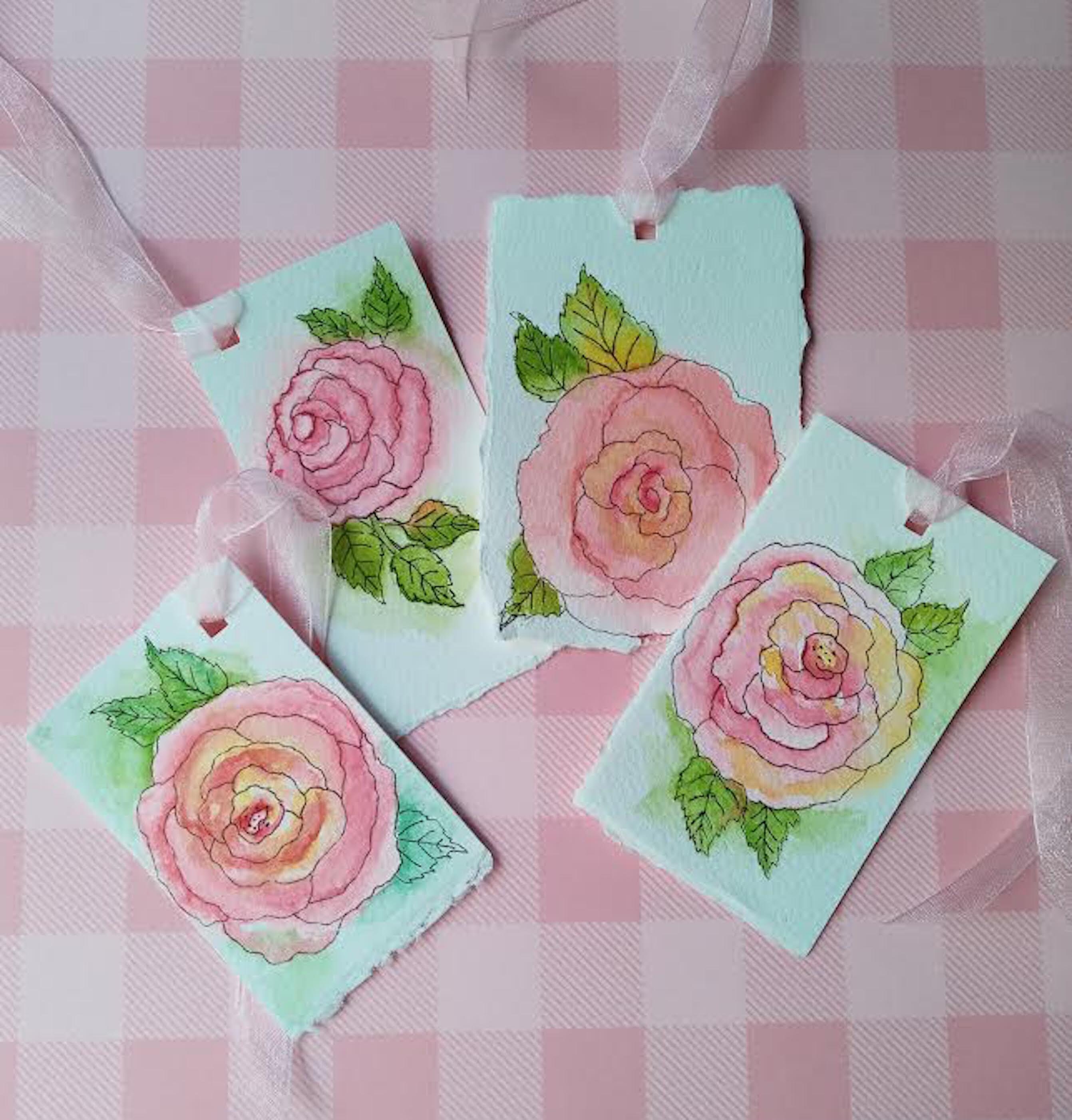 Original Watercolor Gift Tags, Set of 4, Hand Painted Pink Roses With ...