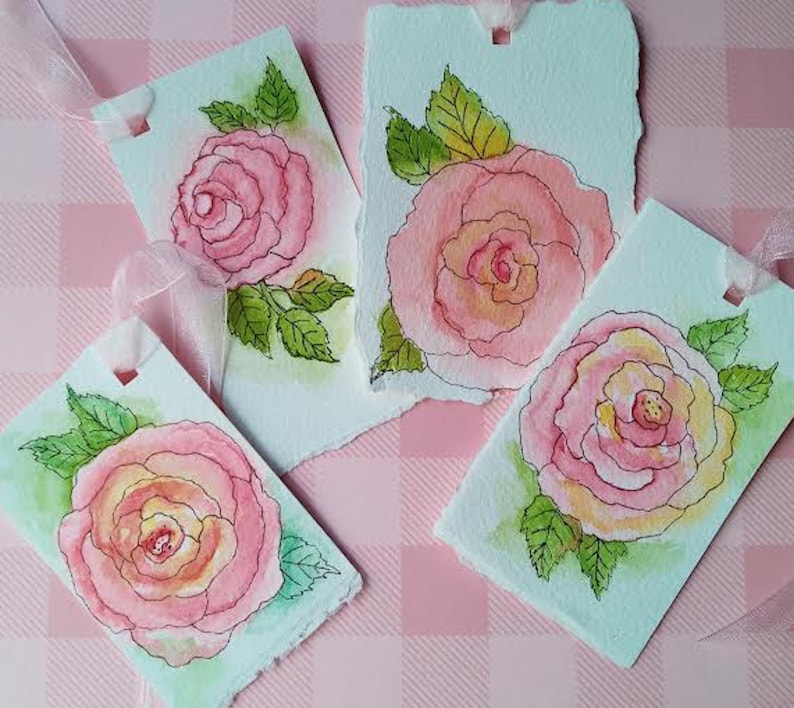 Original Watercolor Gift Tags, Set of 4, Hand Painted Pink Roses With ...