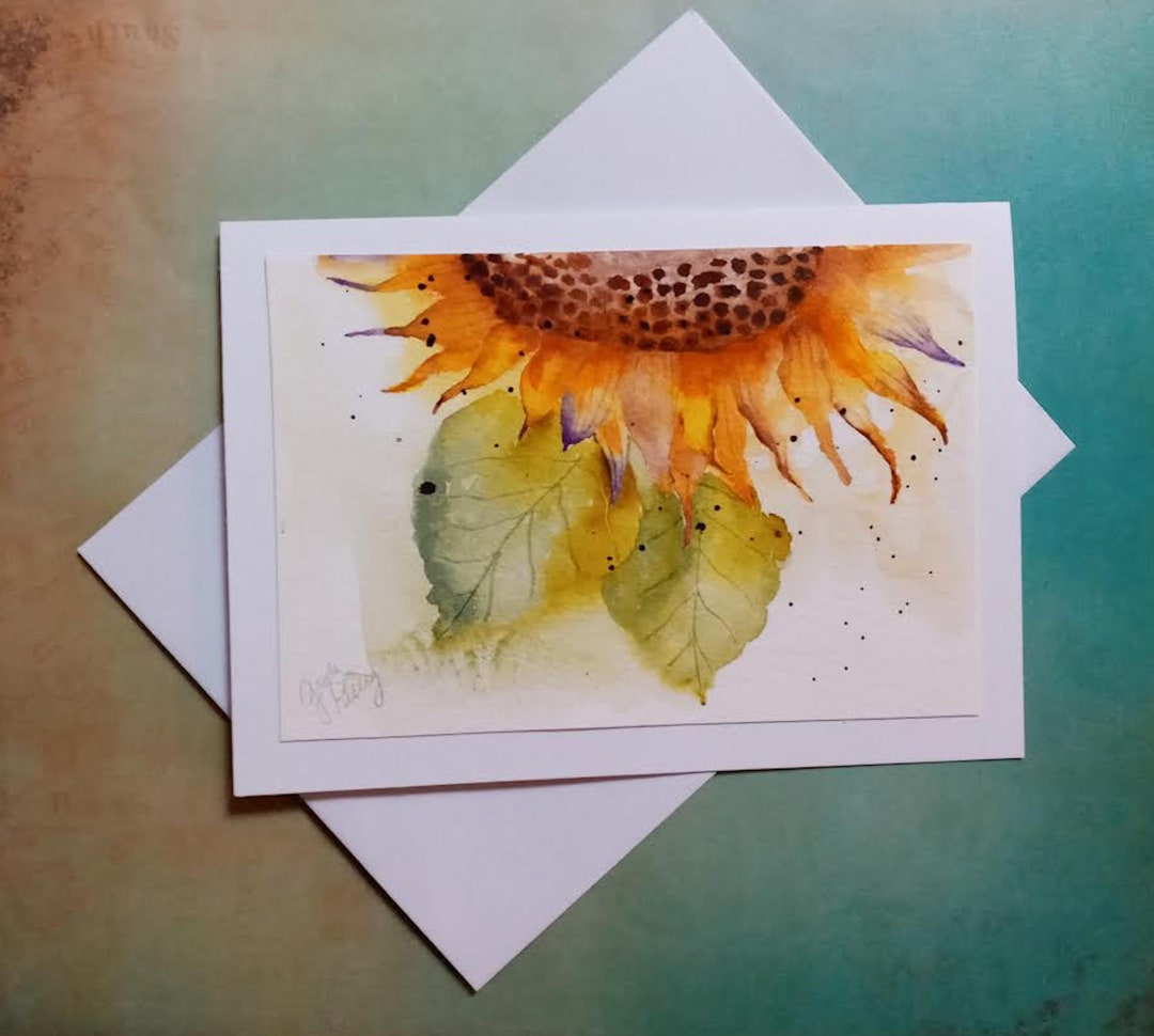 Hand Painted Sunflower Watercolor Card A7 (5" X 7") Blank or With ...