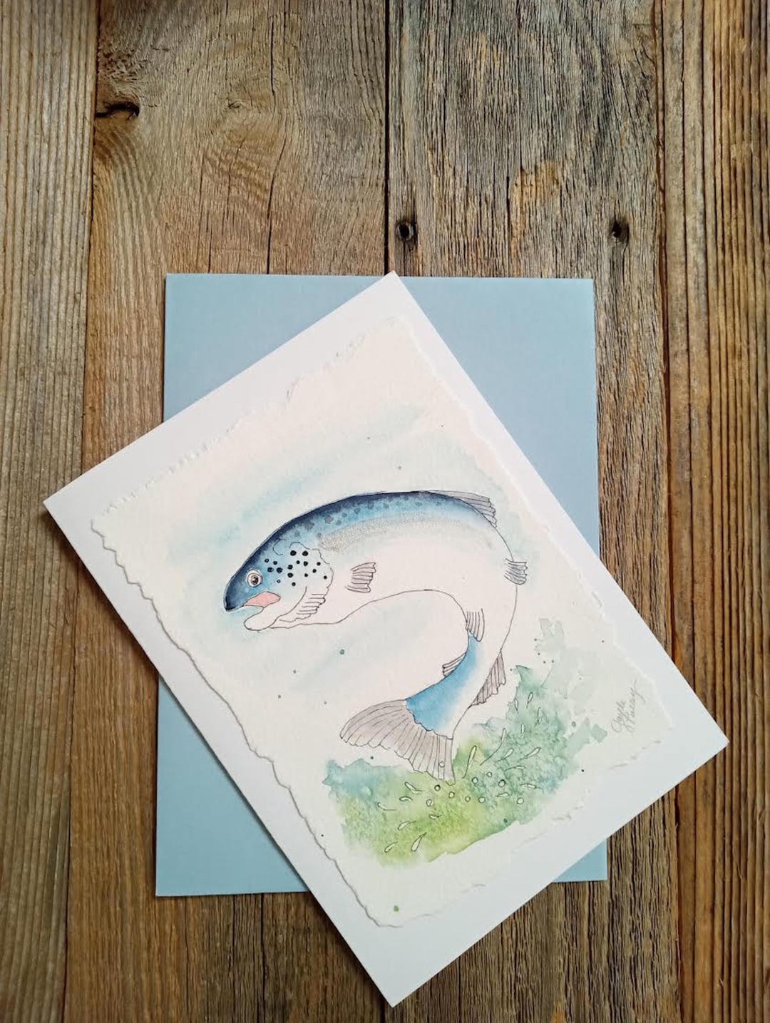 Watercolor Salmon Card: Hand-painted Fish Art, Psalm 118 (personalize ...