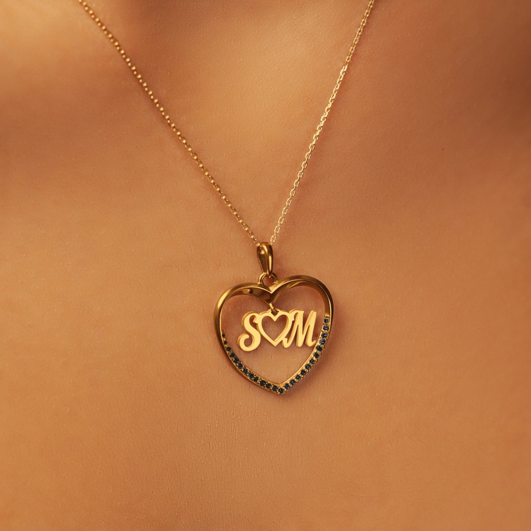 Personalized 18K Gold Plated Heart Initials Necklace Black CZ Stones ...