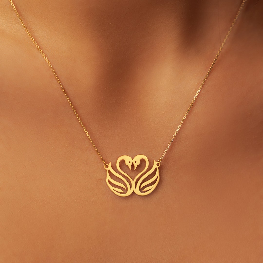 18K Gold Plated Heart Swans Necklace Sterling Silver | Dainty Bird ...