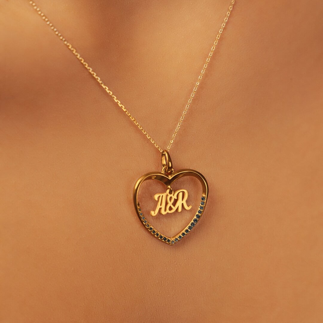 Personalized 18K Gold Plated Heart Initials Necklace Black CZ Stones ...