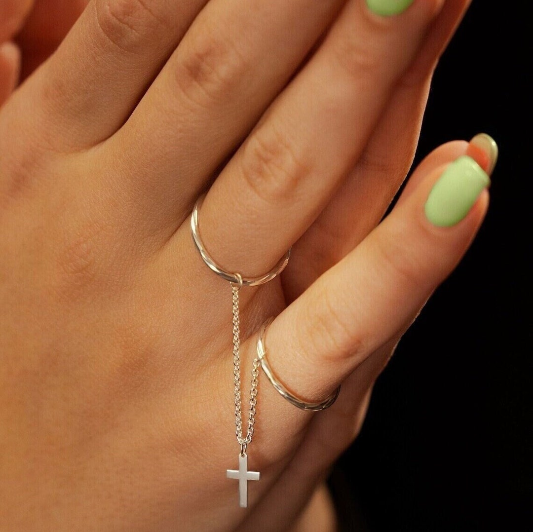 Dainty Silver Stacking Orthodox Rings With Connecting Chain and Cross ...