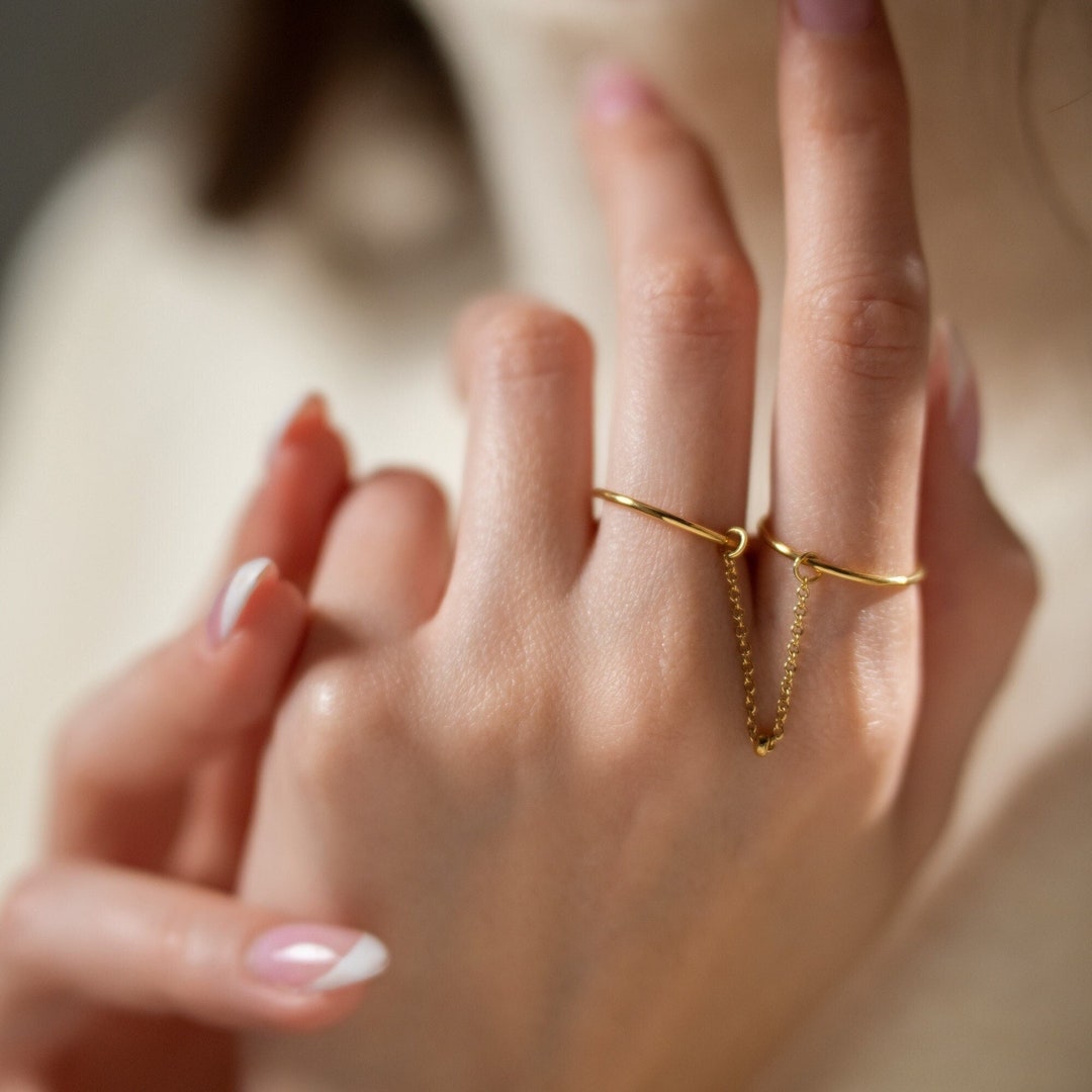 Double Finger Chain Ring 18k Gold Filled Dainty Band Rings Minimalist ...
