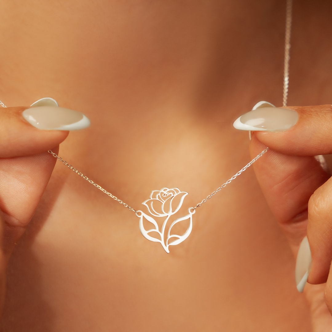18K Gold Plated Rose Flower Necklace With Sterling Silver Chain ...
