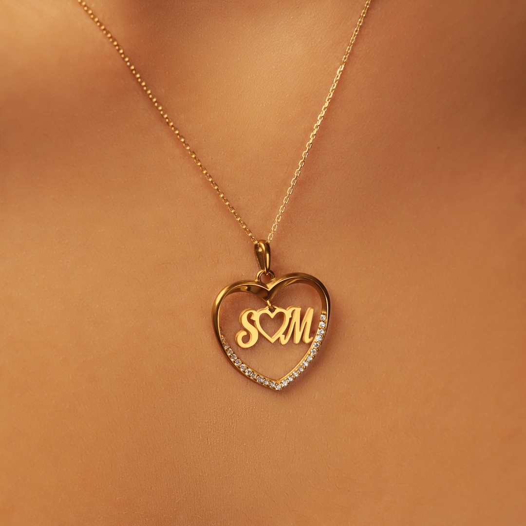 Personalized 18K Gold Plated Heart Necklace: CZ Sterling Silver ...