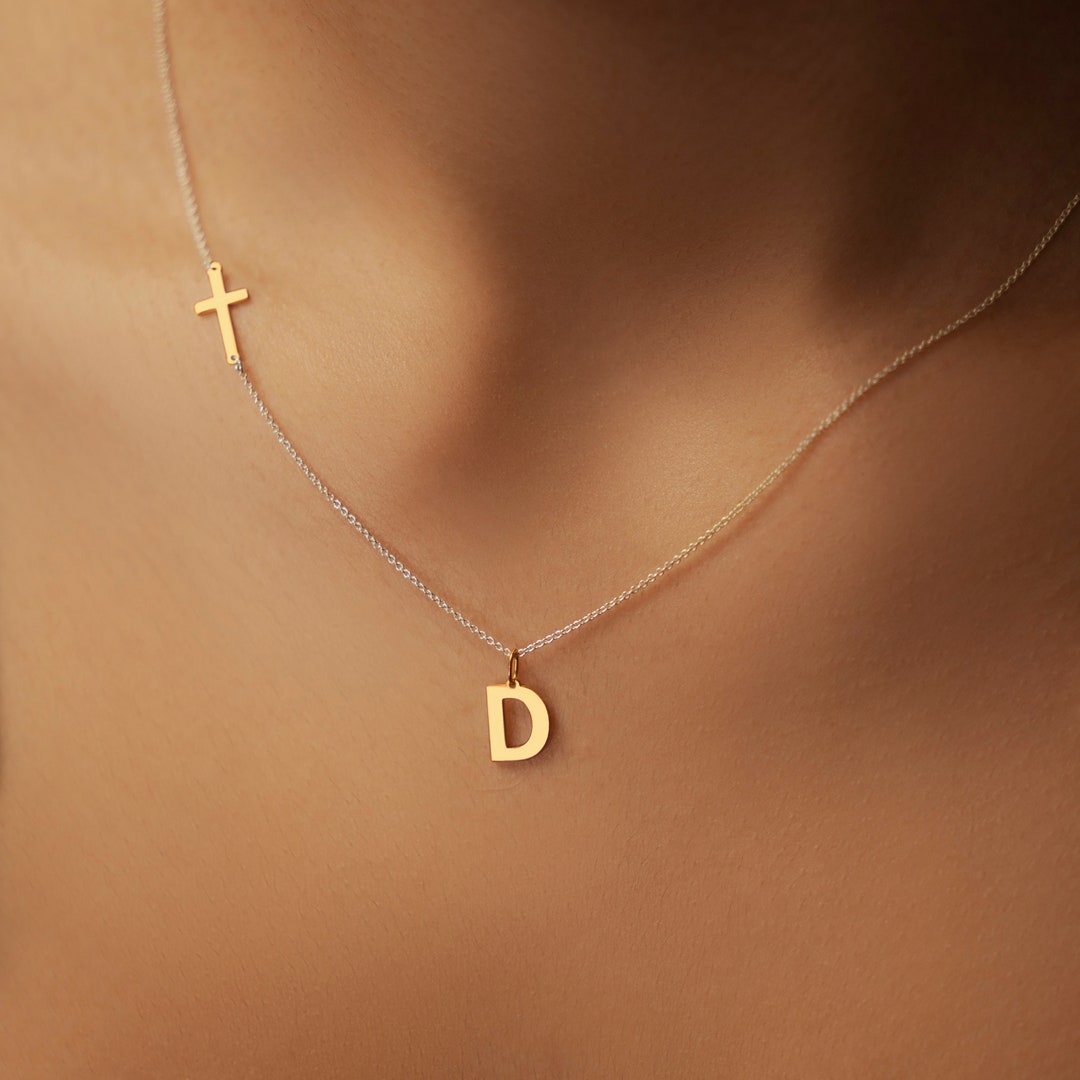Sterling Silver Sideways Cross Initial Necklace | Gold Plated ...