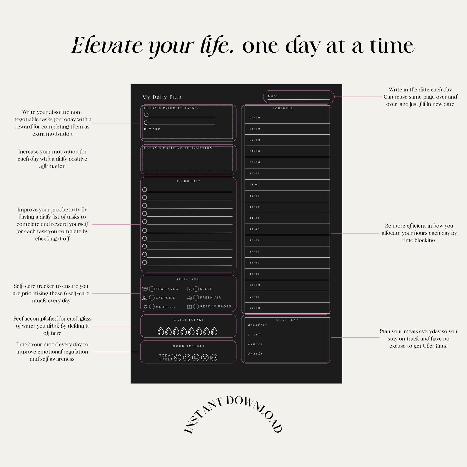 2023 Dark Mode Digital Planner, Minimalist Undated Printable Daily ...