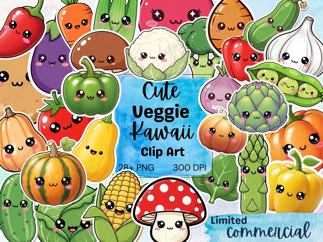 Cute Kawaii Veggie Clipart Bundle, Adorable Vegetable Pngs for Digital ...