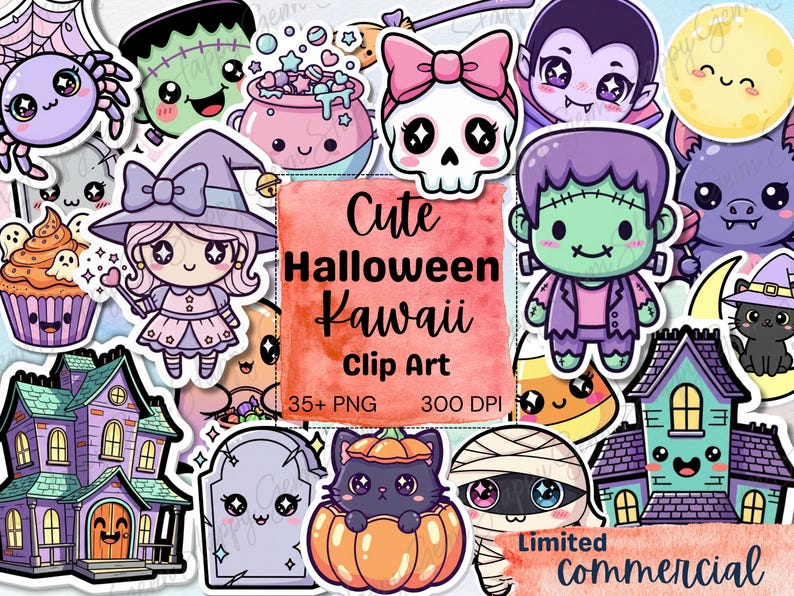Cute Kawaii Halloween Clipart Bundle, Witches & Ghosts, Adorable Spooky ...