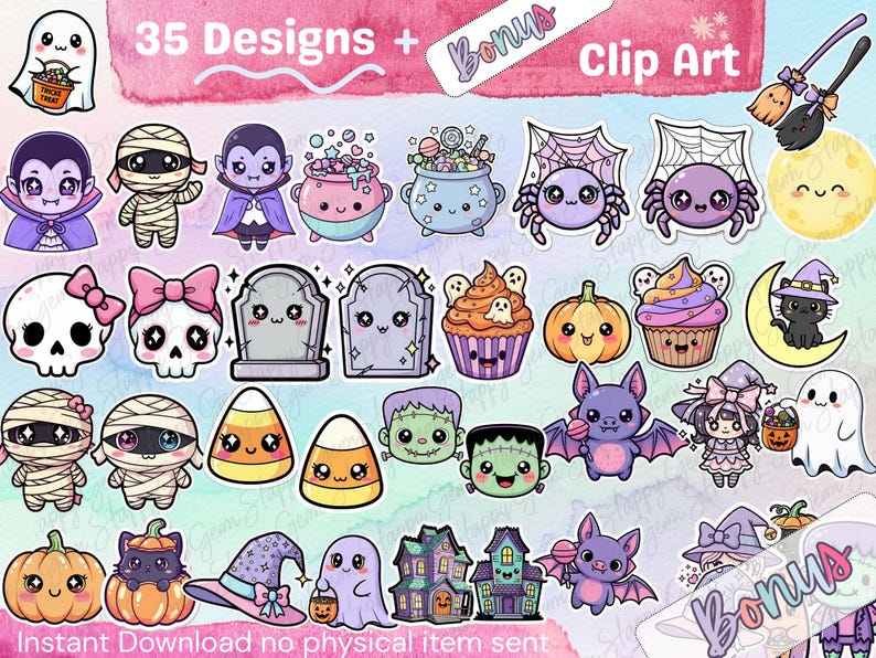 Cute Kawaii Halloween Clipart Bundle, Witches & Ghosts, Adorable Spooky ...