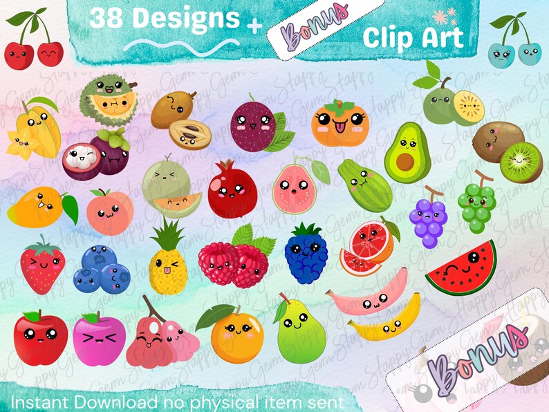 Cute Kawaii Fruit Clipart Bundle | 38+ PNG Digital Stickers With Bonus ...