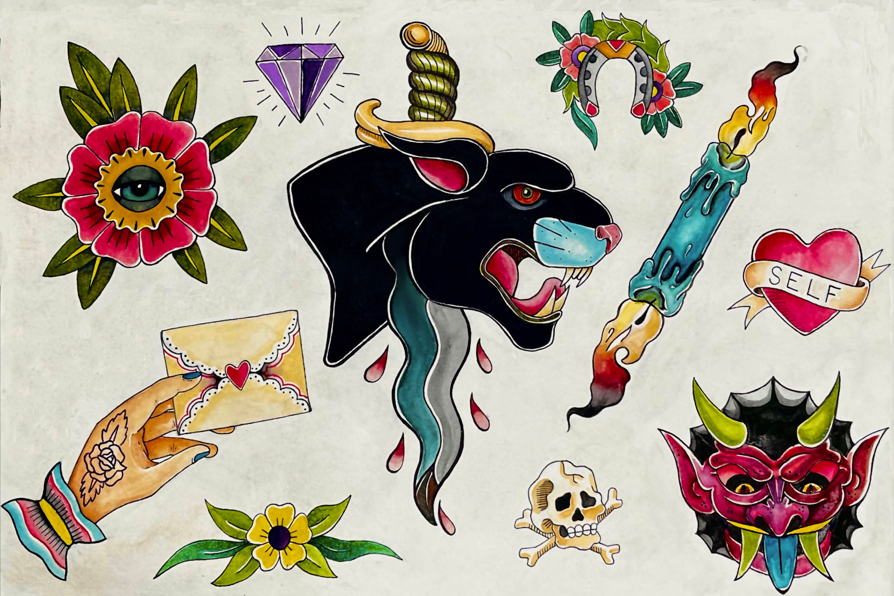 Panther Tattoo Flash Sheet Art Print - Etsy