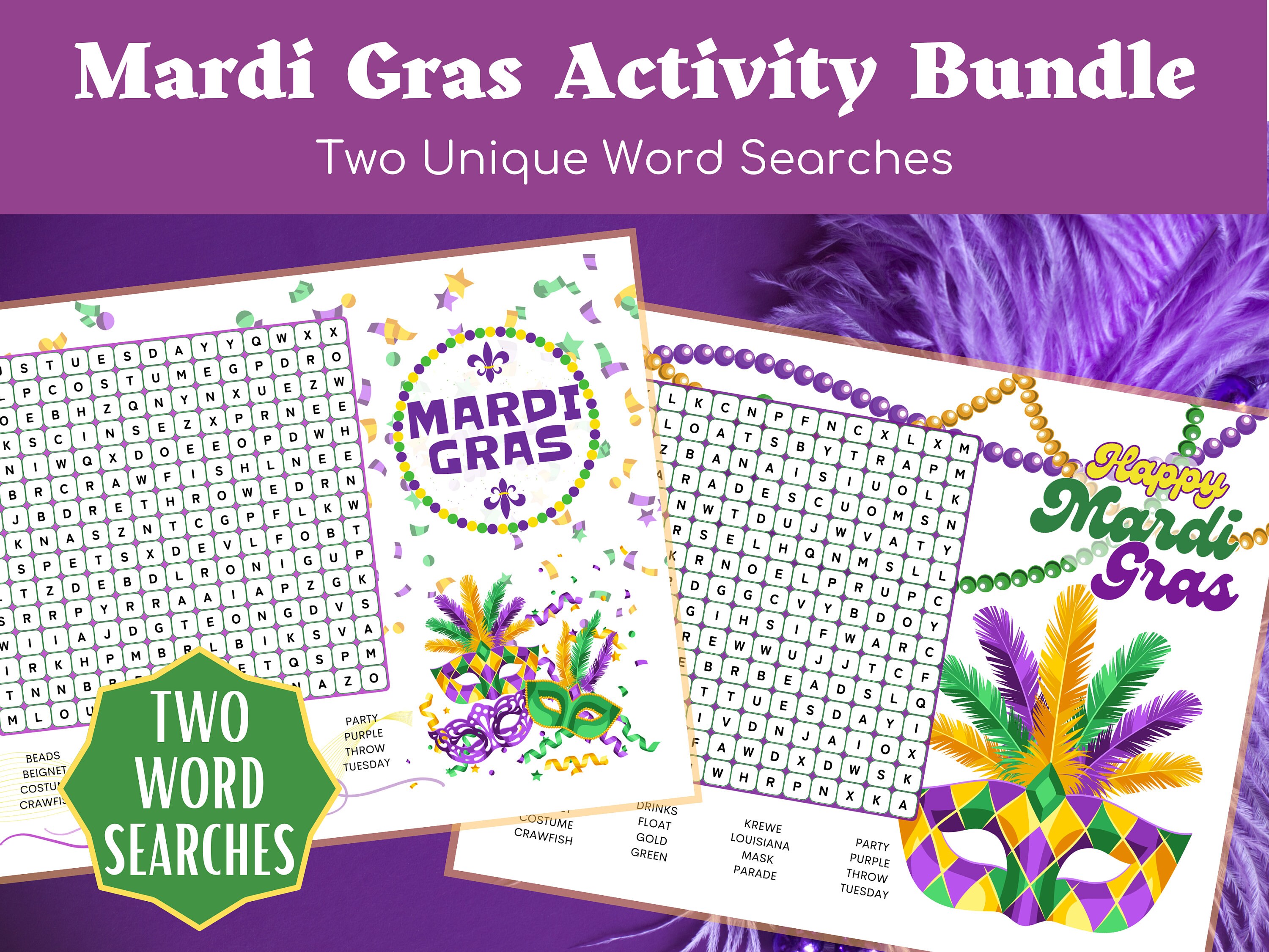 Mardi Gras Activity Bundle - Printable - Word Search - Coloring Pages ...