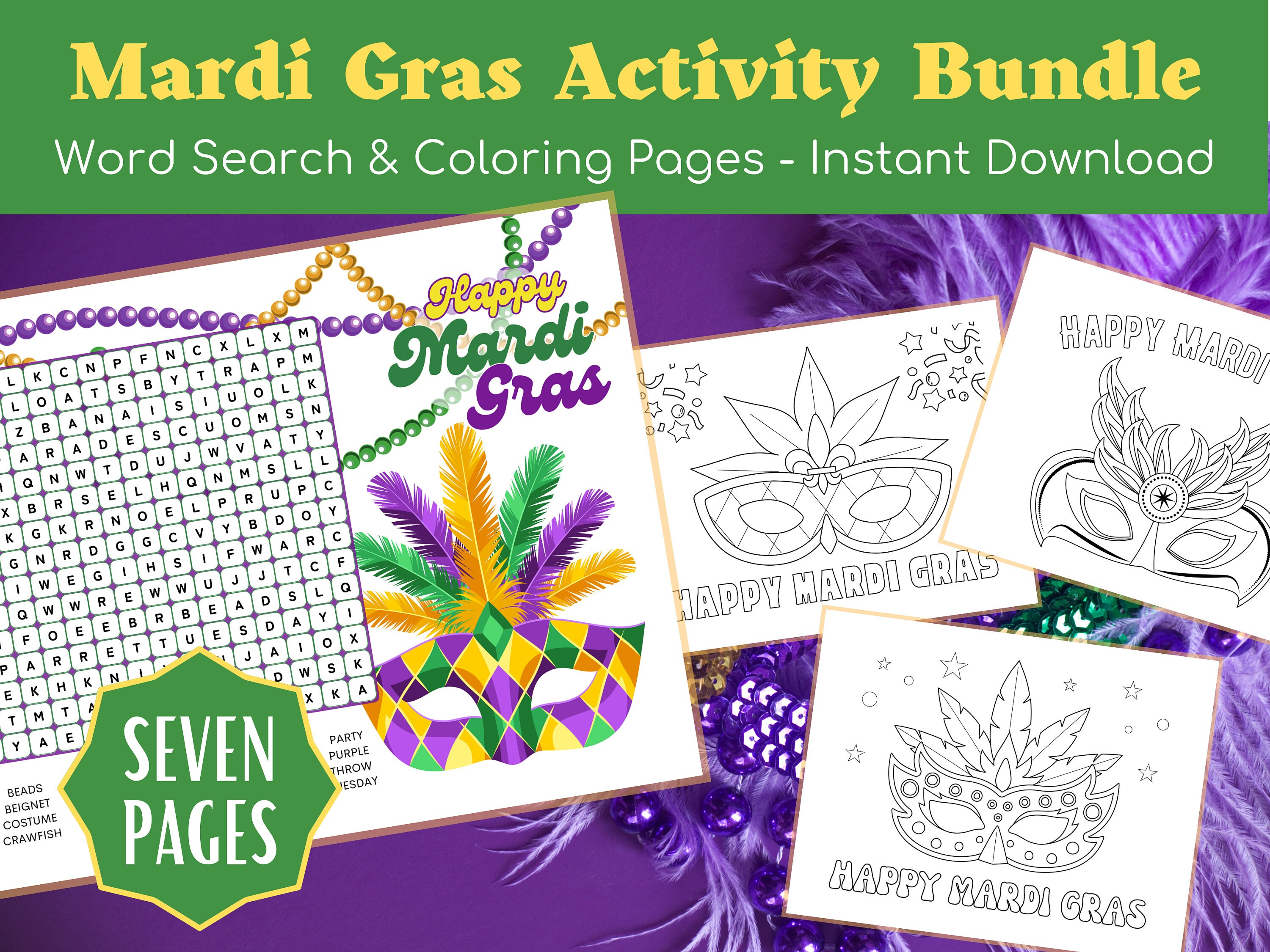 Mardi Gras Activity Bundle - Printable - Word Search - Coloring Pages ...